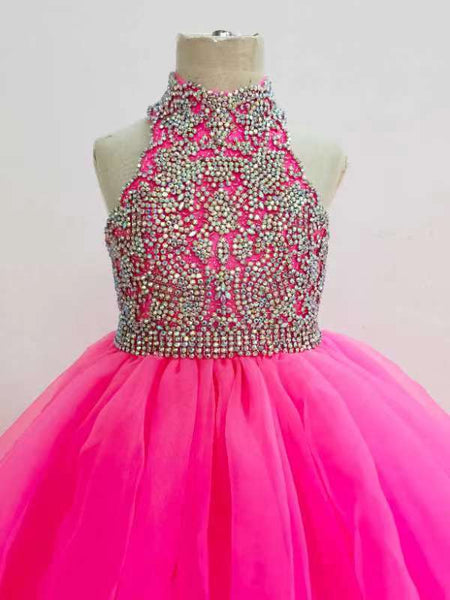 Halter Beaded Bodice Hot Pink Tween Pageant Dresses – ToddlerPageantDress